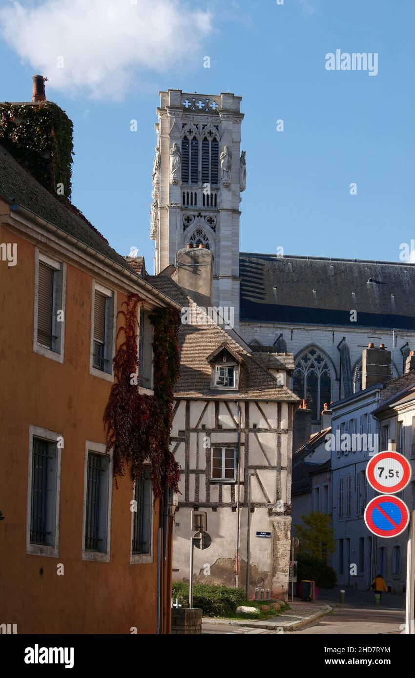bell tower of Chalon cathedral towers over half timbered historic ...