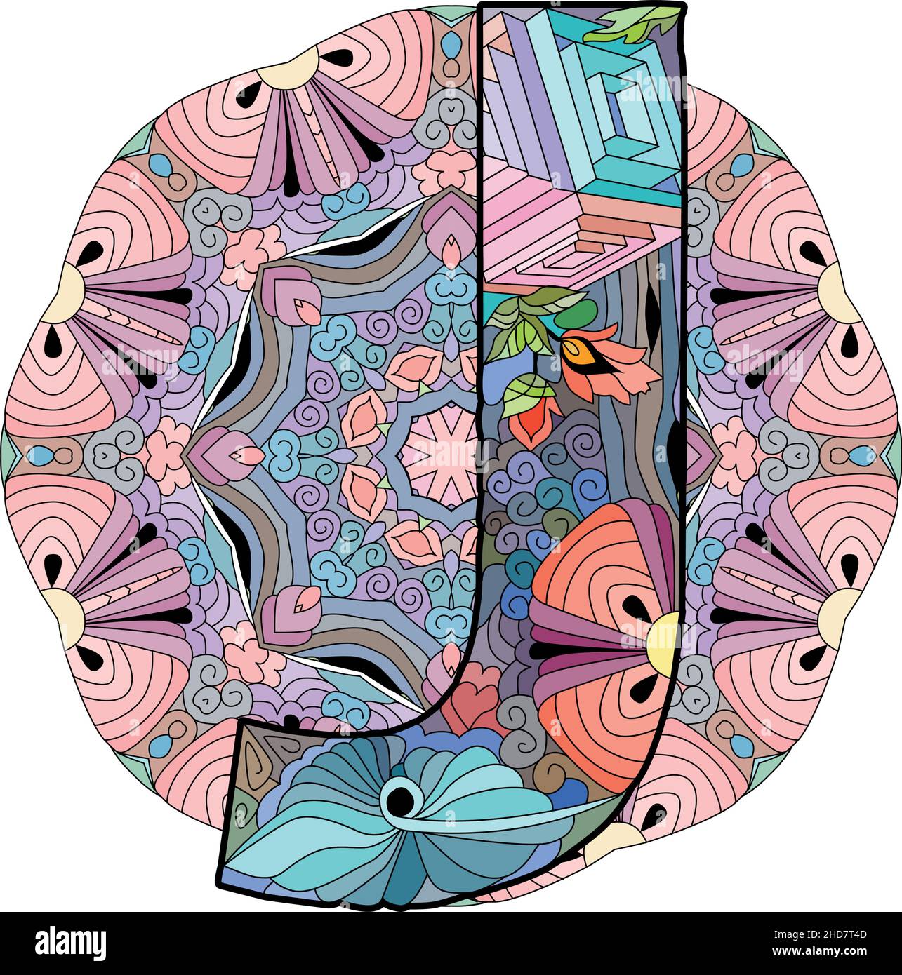 Zentangle stylized alphabet - letter J on mandala. Vector illustration ...