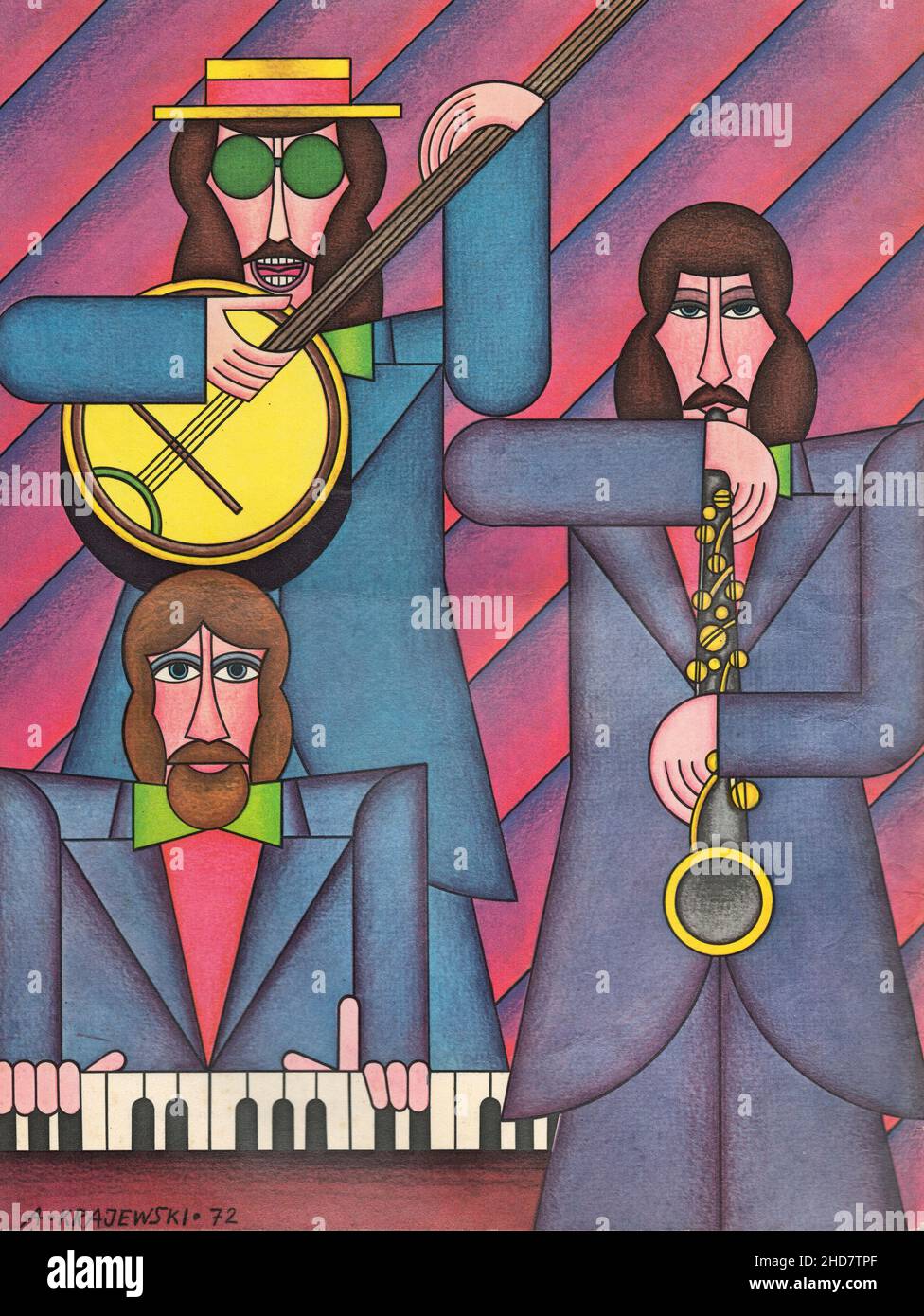 Vintage drawing music band three musicians playing instruments Stock ...