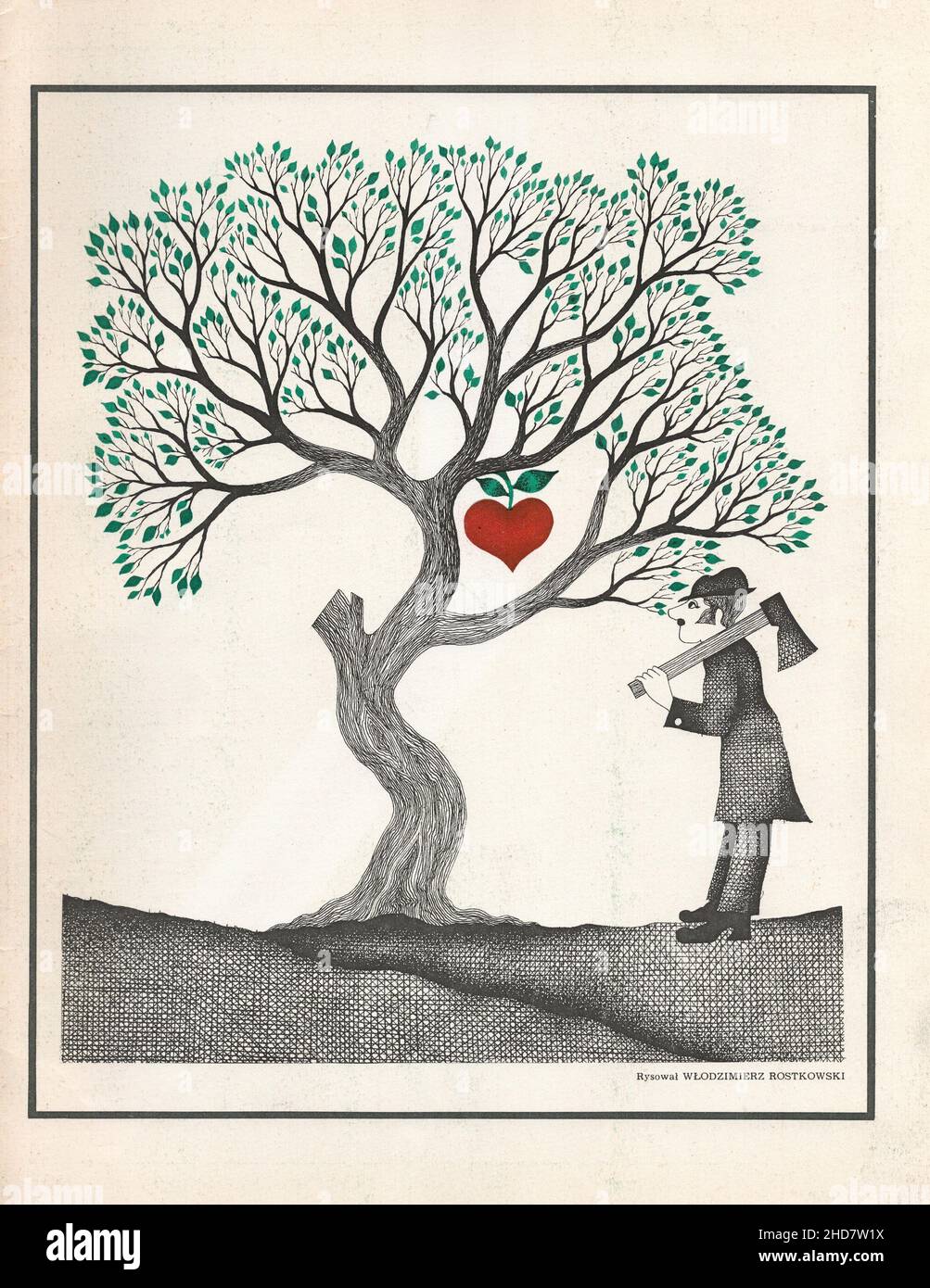 Vintage drawing man with an ax under the tree with heart Stock Photo ...