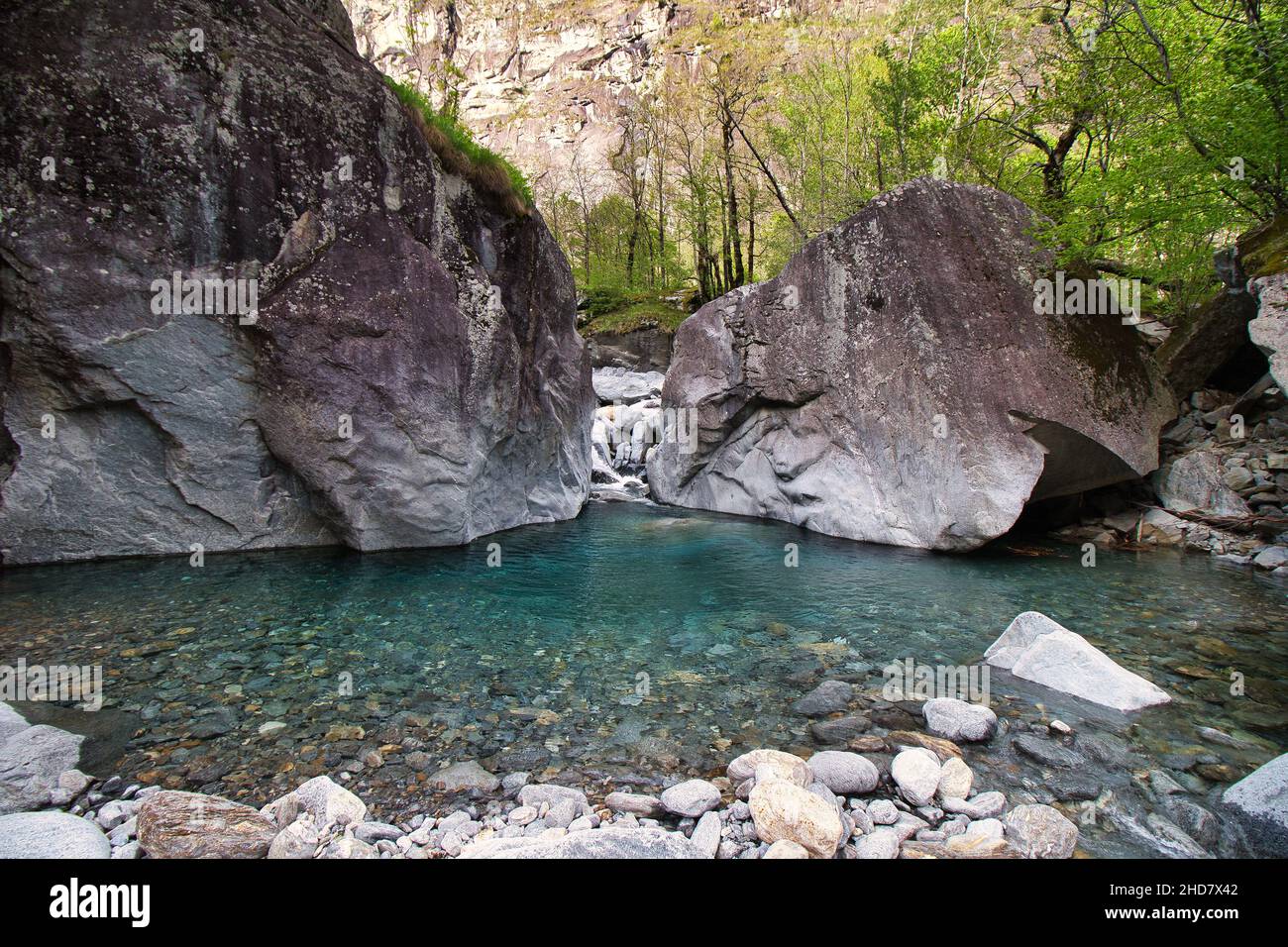 Stone houses an Waterfall Val Bavona, Cevio in Switzerland spring 2021 ...