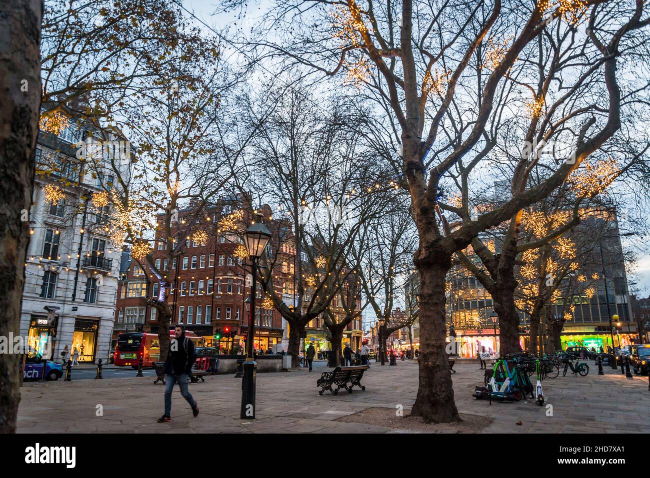 Sloane Square, a memorial city park decorated with Christmas lights ...