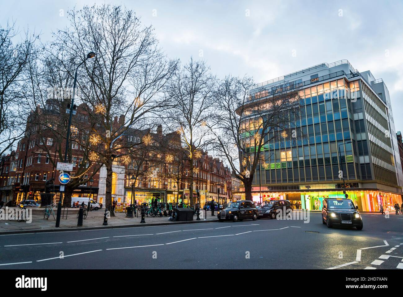 Sloane Square, a memorial city park decorated with Christmas lights ...