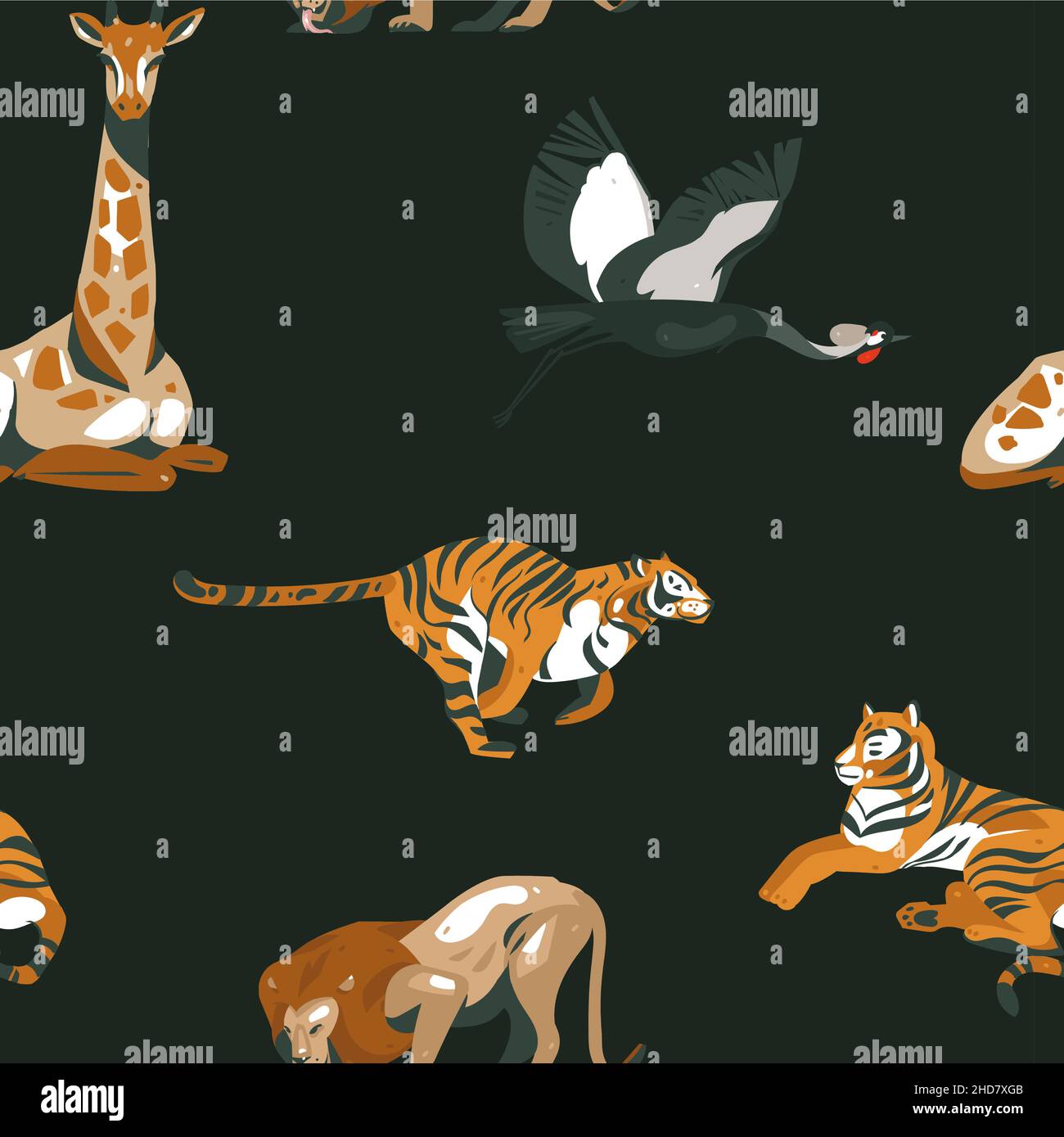 Hand drawn vector abstract cartoon modern graphic African Safari Nature illustrations art ...