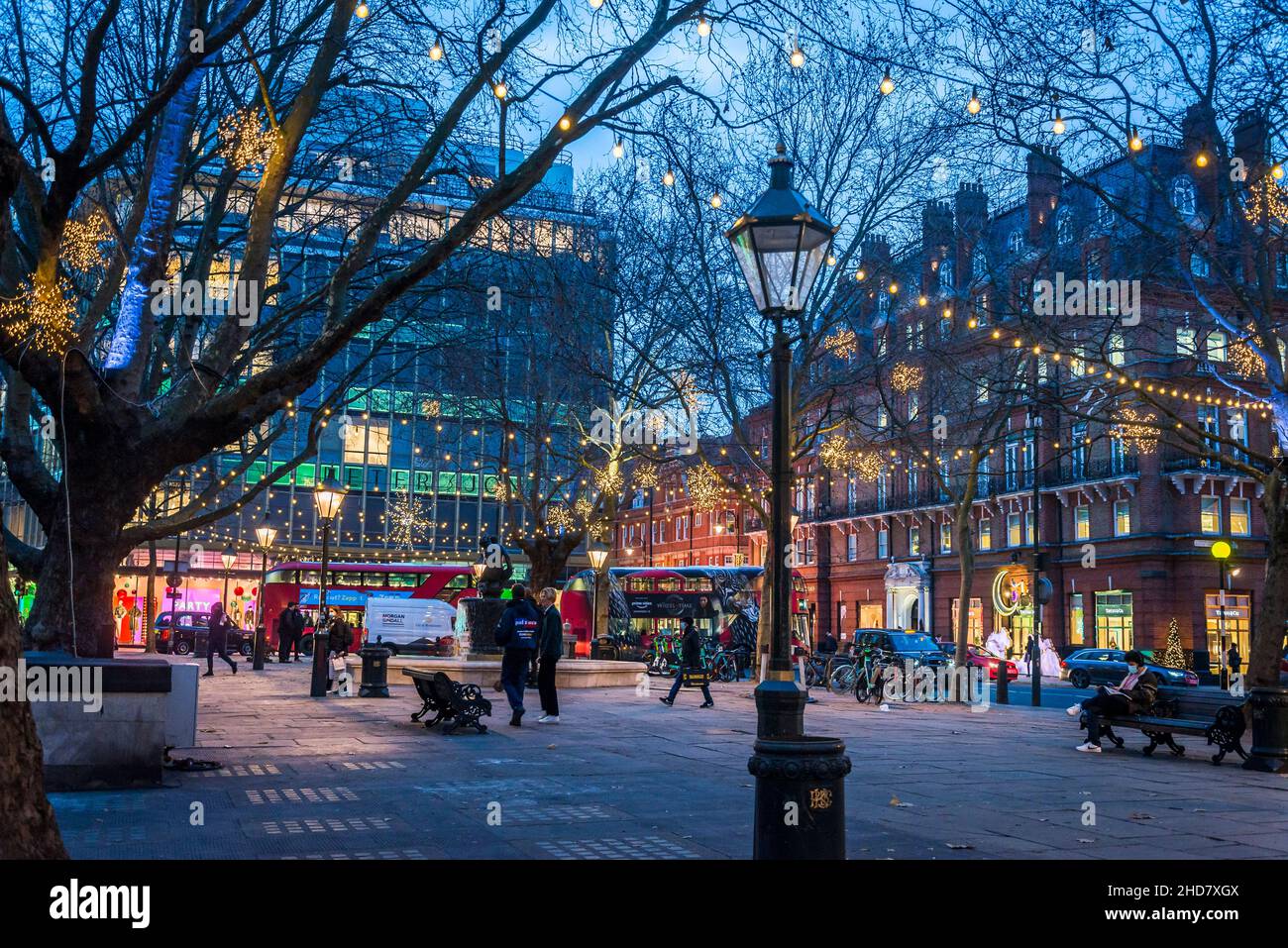 Sloane Square, a memorial city park decorated with Christmas lights ...