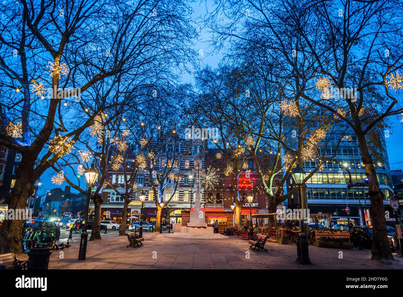 Sloane Square, a memorial city park decorated with Christmas lights ...