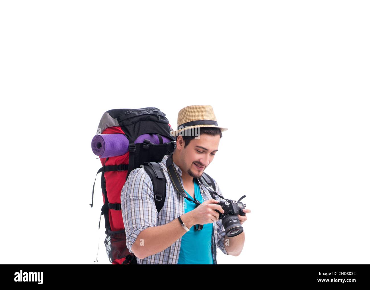 The backpacker with camera isolated on white background Stock Photo - Alamy