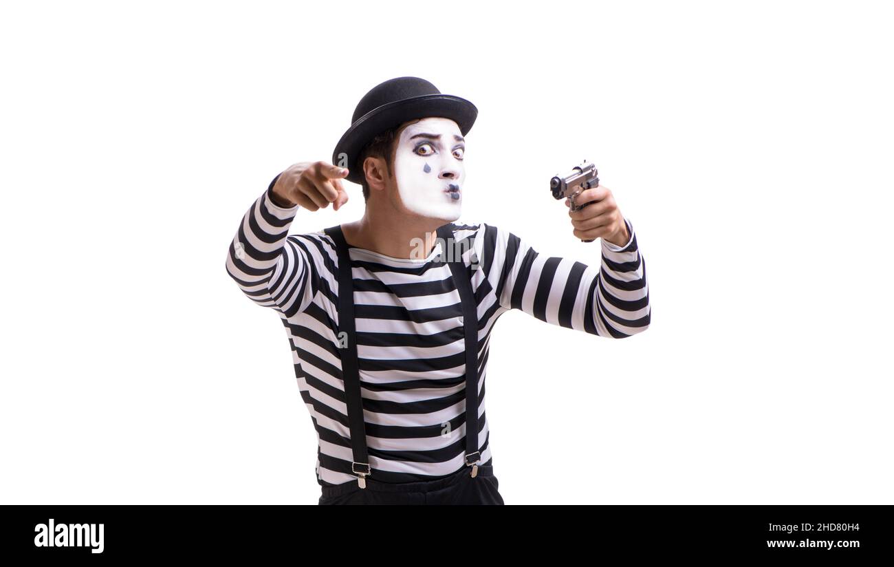 The mime with handgun isolated on white background Stock Photo - Alamy