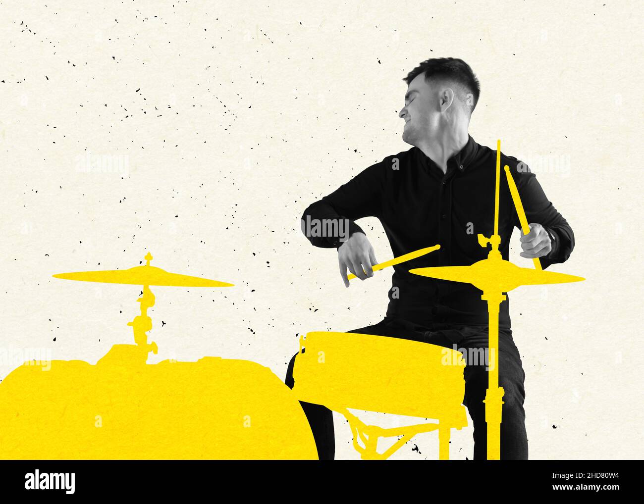 Contemporary art collage of young man playing drawn yellow drums ...