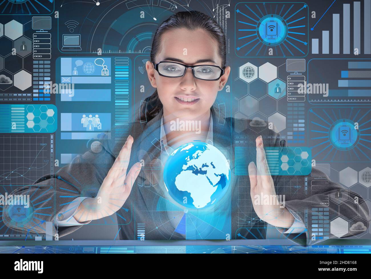The futuristic media sharing concept with woman Stock Photo - Alamy