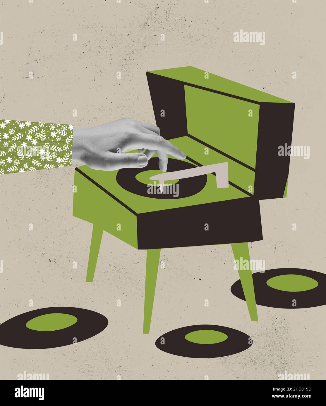 Contemporary art collage. Male hands turning on retro styled green ...