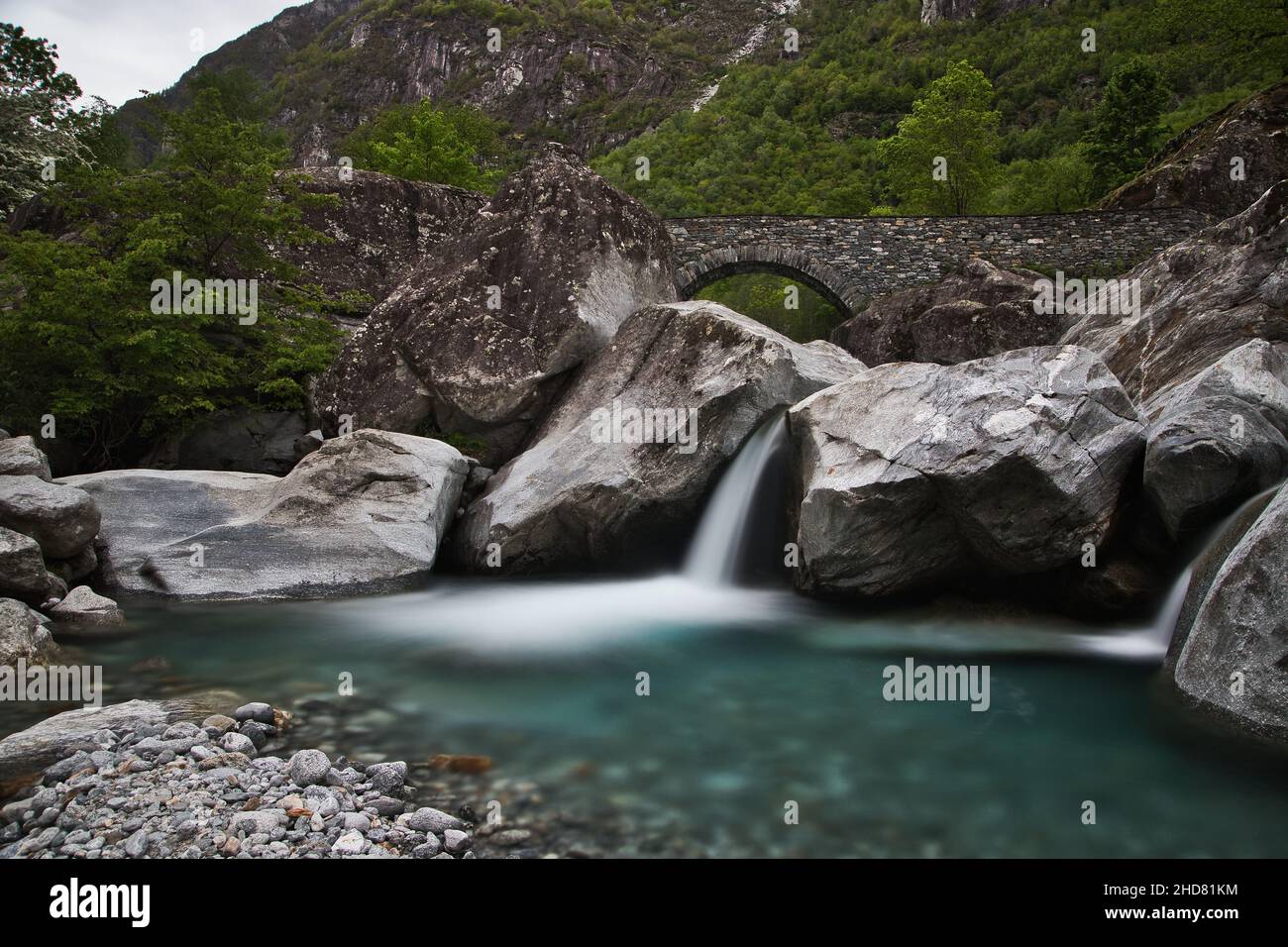 Stone houses an Waterfall Val Bavona, Cevio in Switzerland spring 2021 ...