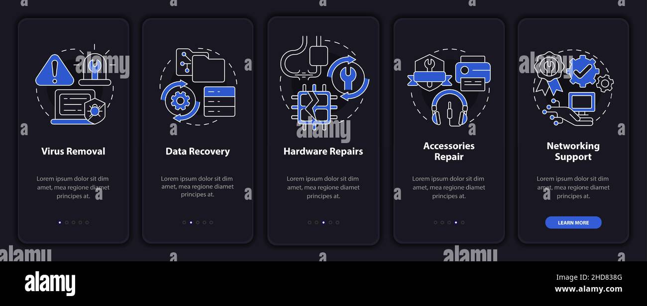 Types of repairs night mode onboarding mobile app screen Stock Vector ...
