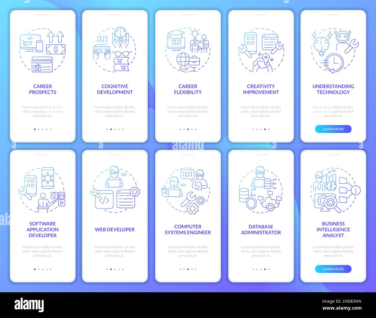 Coding Concepts Blue Gradient Onboarding Mobile App Screen Set Stock