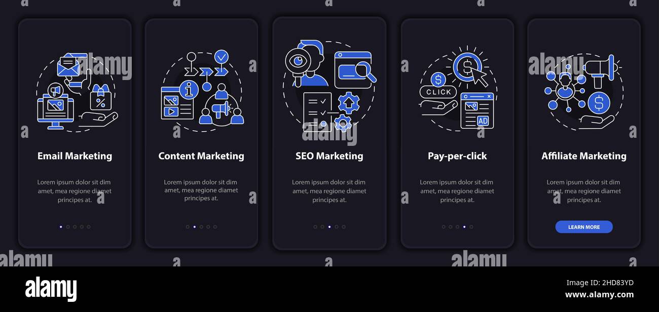 Marketing strategies night mode onboarding mobile app screen Stock ...