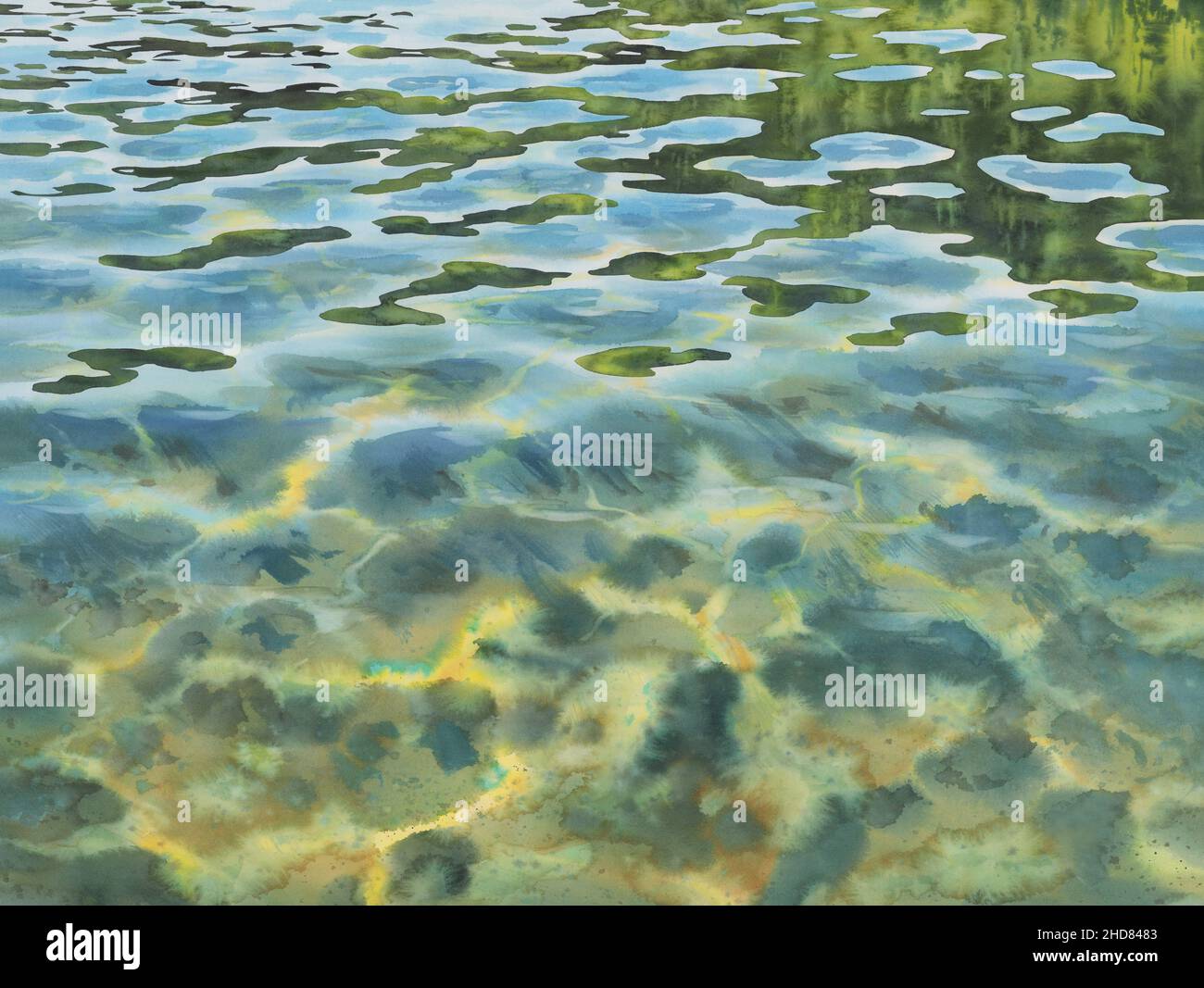 Blue lagoon water ripples with reflections watercolor background Stock Photo - Alamy
