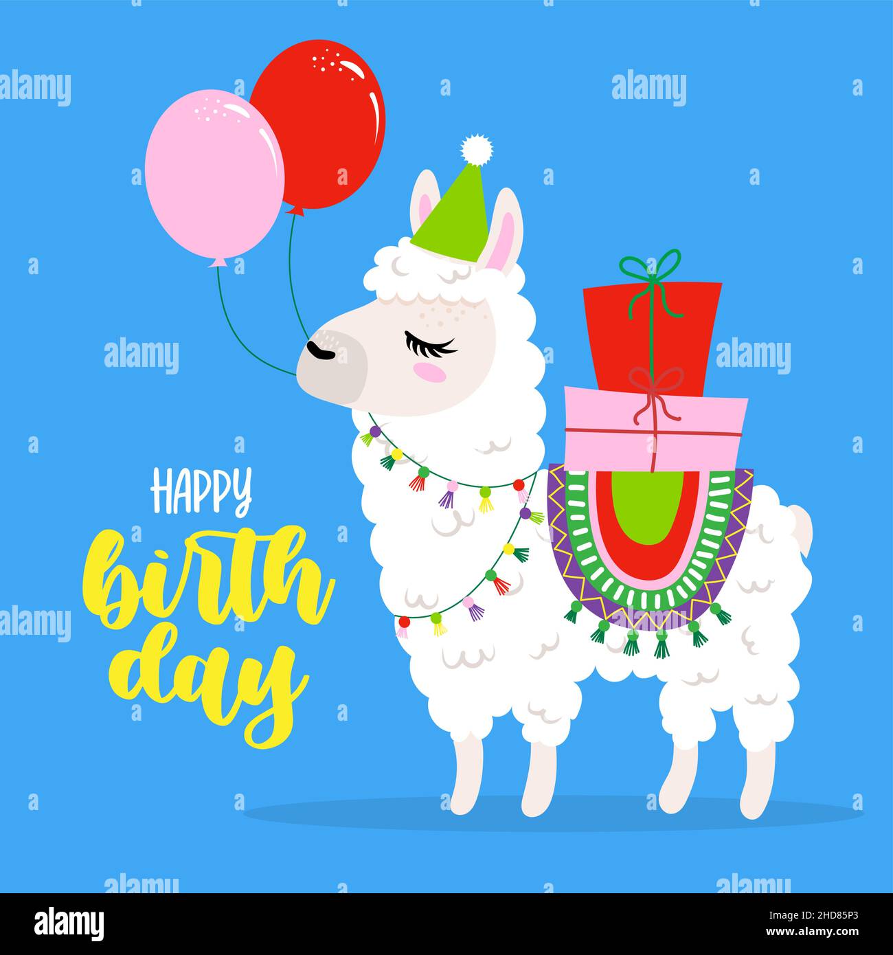 Happy birthday! - Cute llama hand drawn illustration with pink and red ...