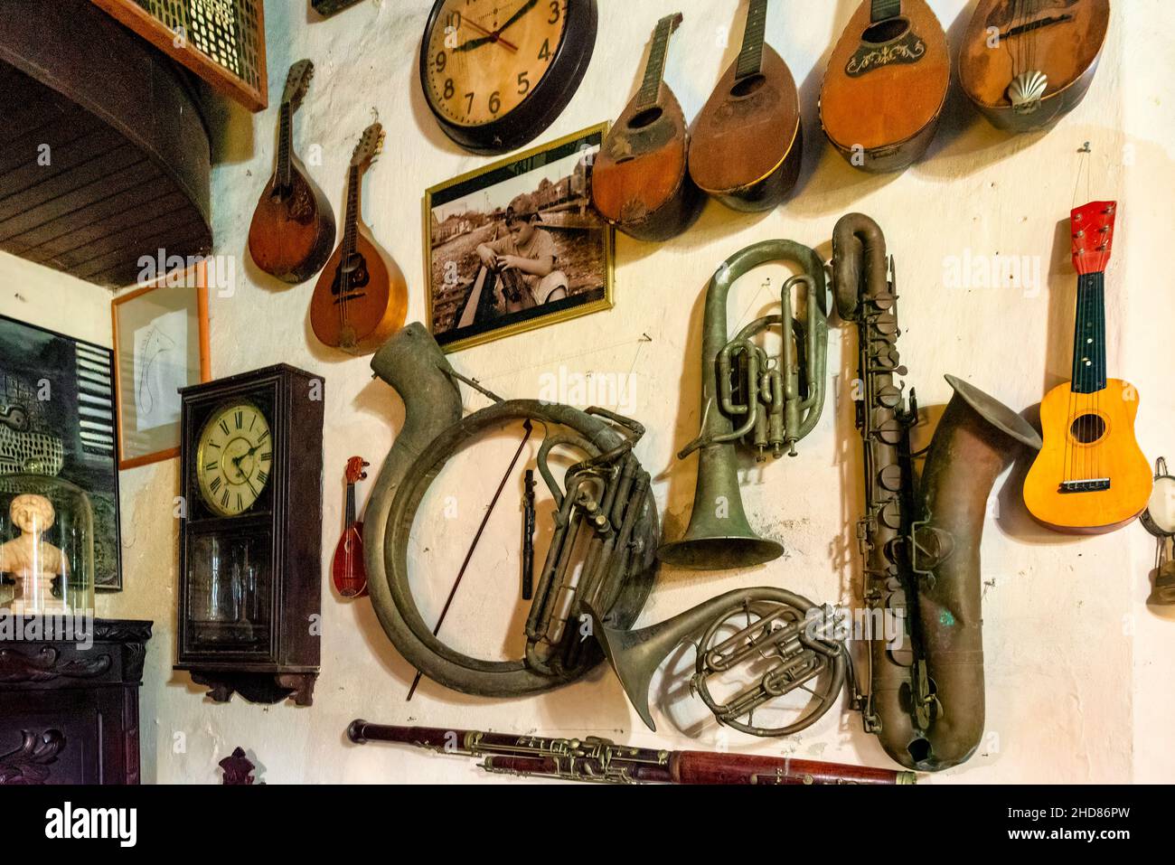 Vintage music instruments. Collection of antique objects inside the ...