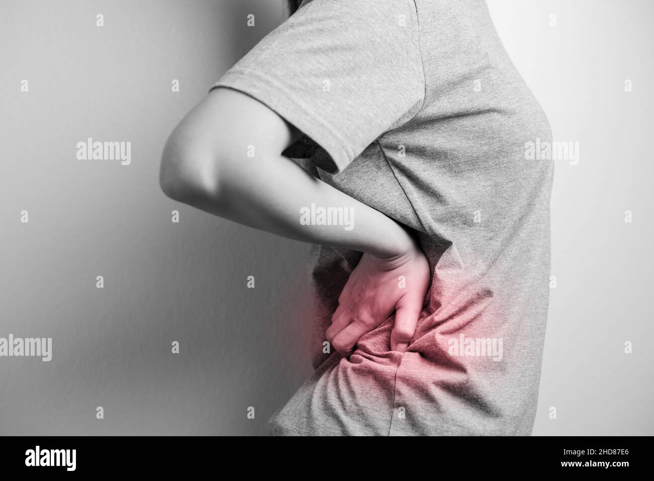 Woman with pain in the waist. Woman suffering from backache. Suffering ...