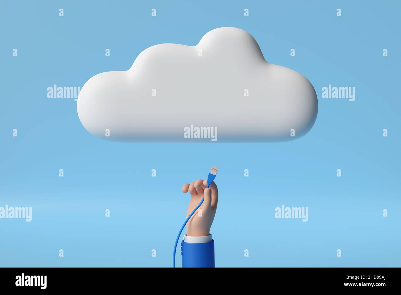 Cartoon hand connecting a network cable to a cloud. 3d illustration ...