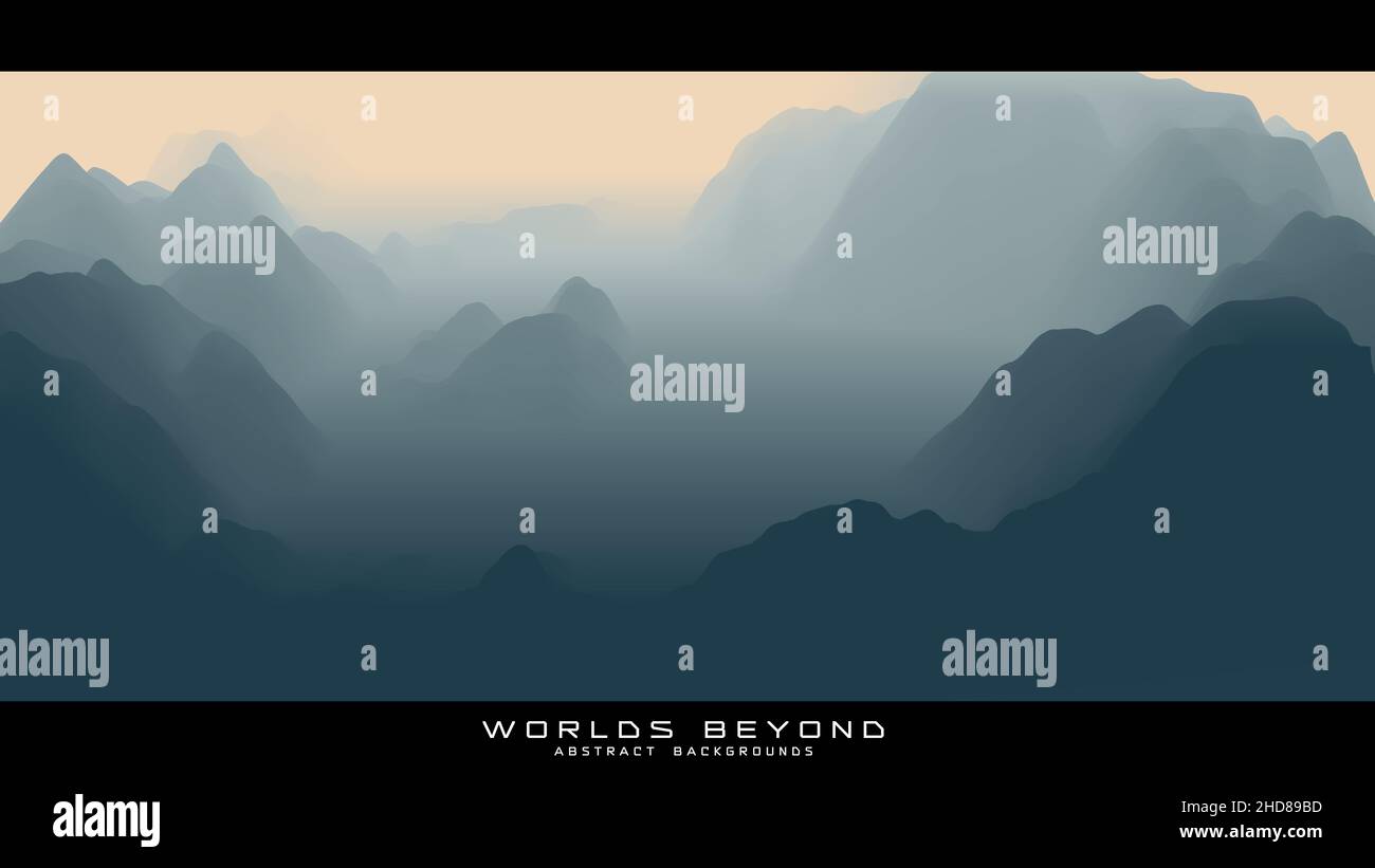 Abstract gray landscape with misty fog till horizon over mountain ...