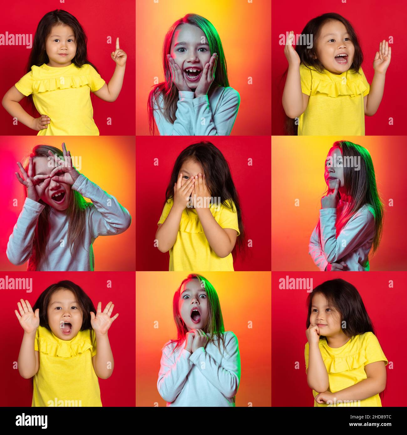Set of portraits of little cute kids, girls isolated on red and yellow ...