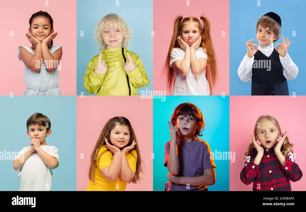 Set of portraits of little cute kids, boys and girls isolated on ...