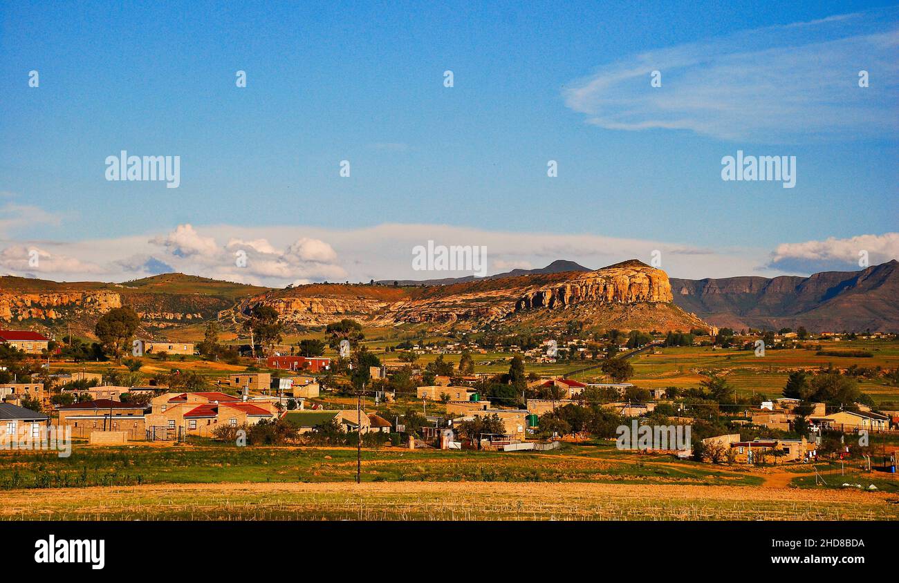 Traditional town in Lesotho with the typical countryside in background ...