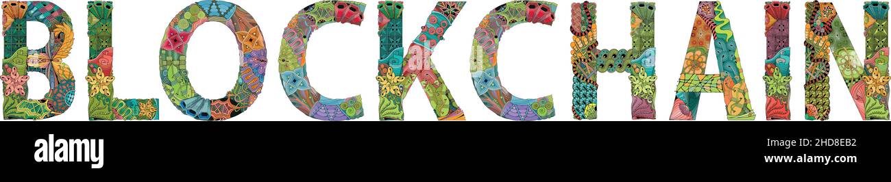 Hand-painted art design. Hand drawn illustration word Blockchain for t ...