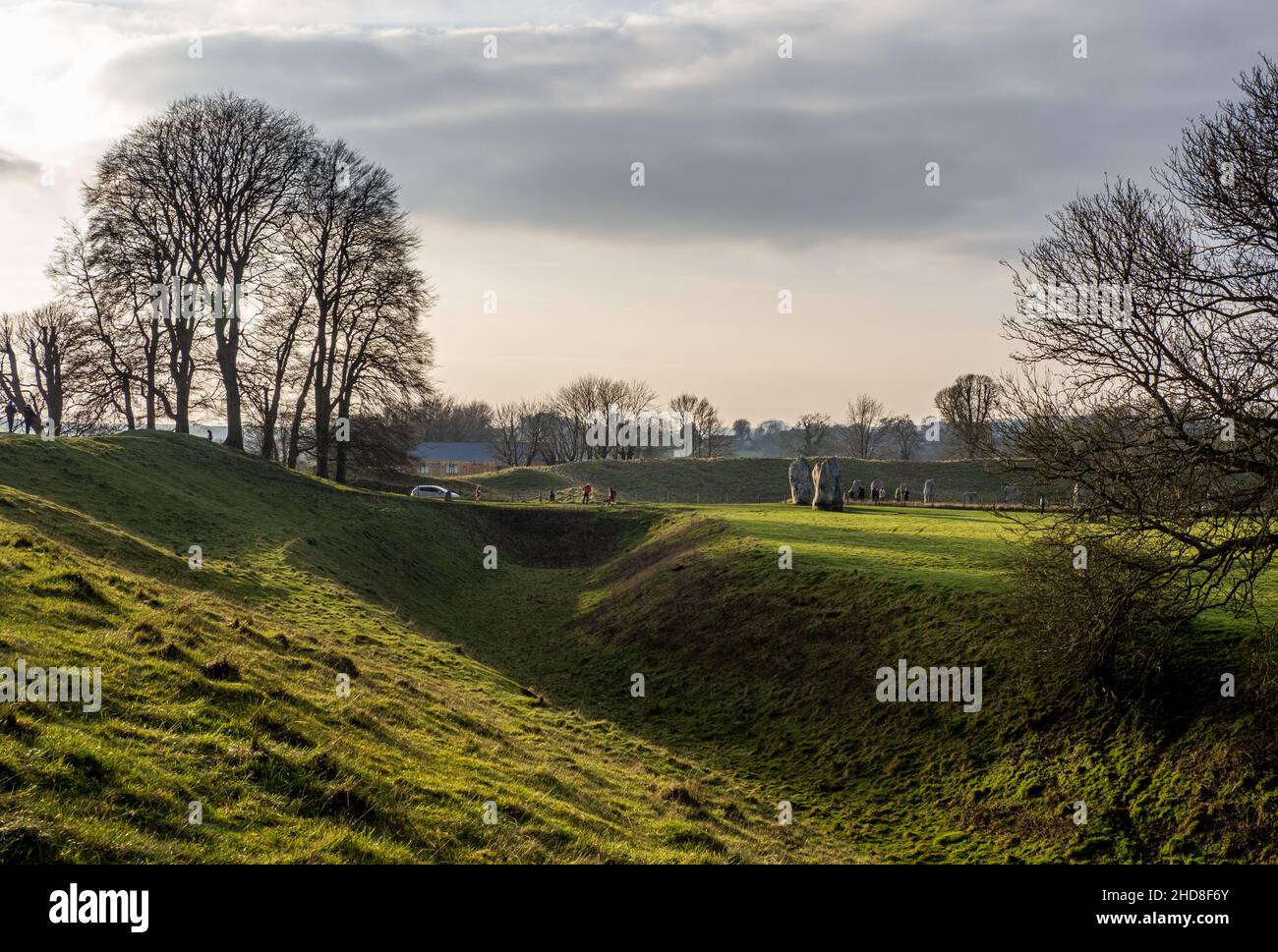 The circular outer earthworks and ditch of Avebury henge Wiltshire UK ...