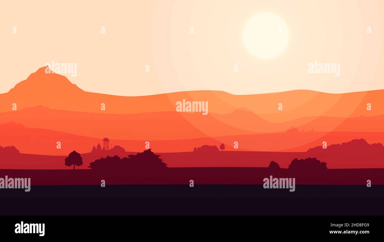 Colorful cartoon nature background. Animation of nice red sunset ...