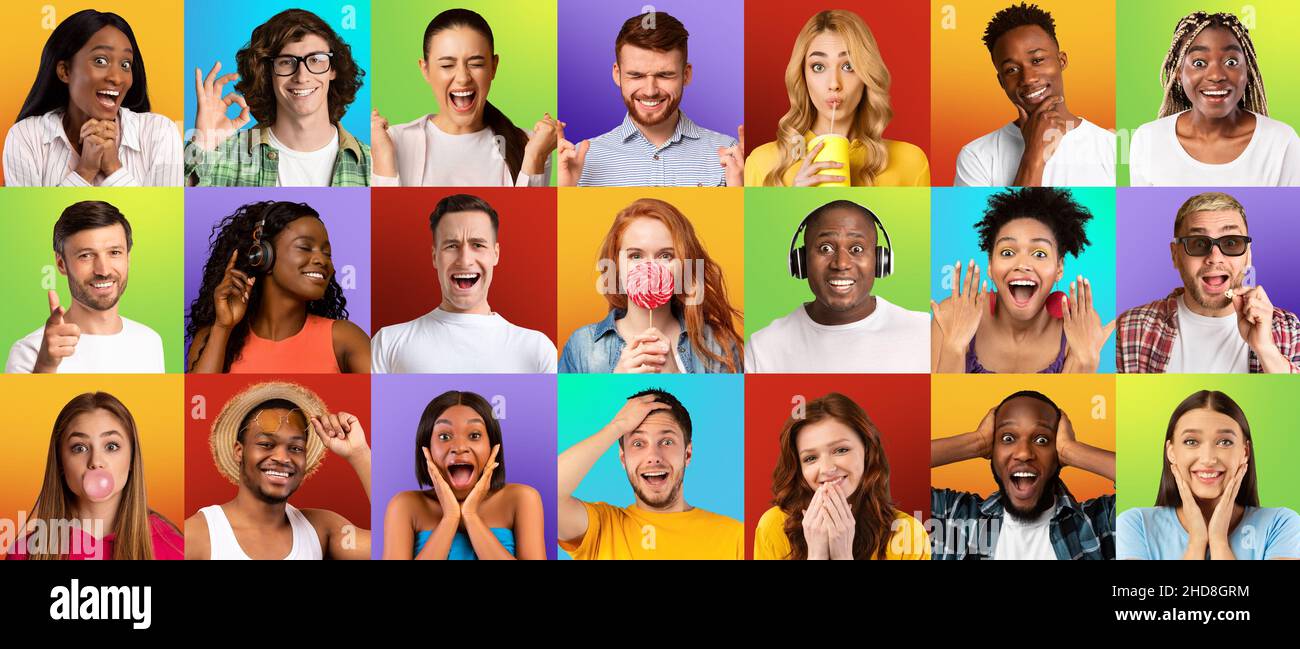 Multiracial young people gesturing and grimacing on colorful ...