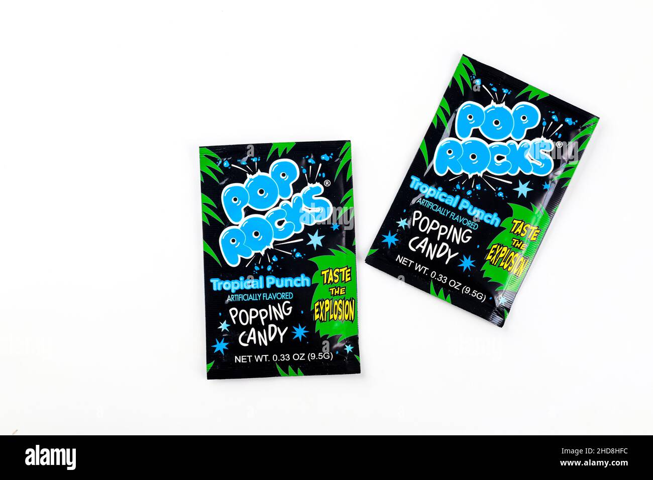 May 4, 2021. New York, US. Two packages of Pop Rocks tropical punch ...