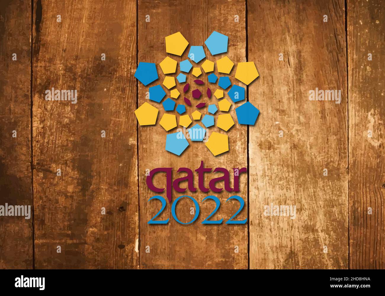 FIFA World Cup in Qatar 2022- logo, decoration, wooden background Stock ...