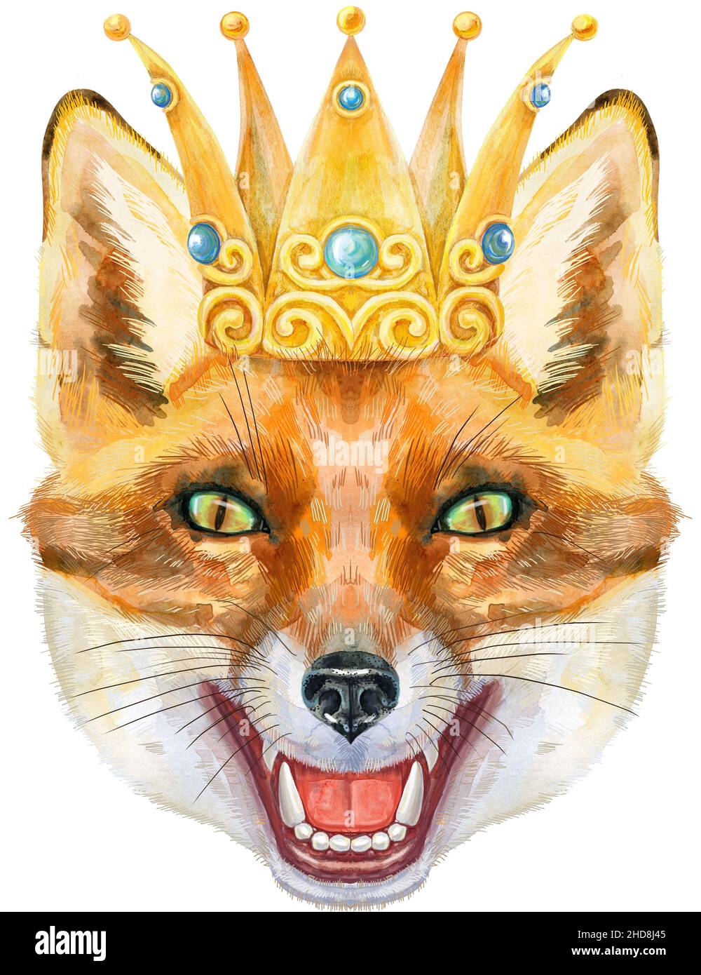 Fox portrait in golden crown. Watercolor orange fox painting ...