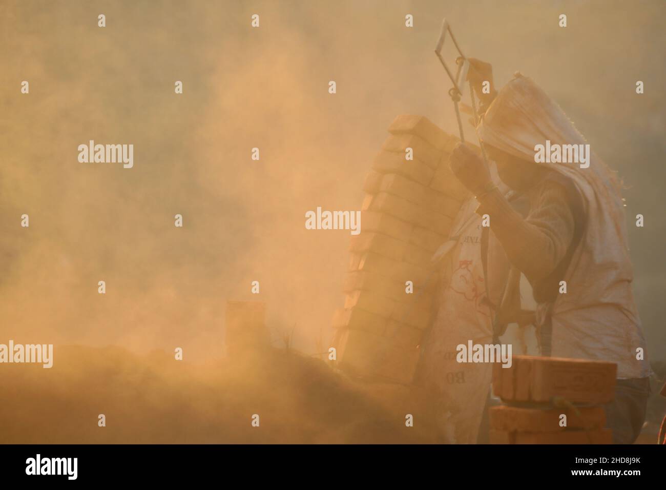 A female worker carries bricks on their backs at a brick factory in ...