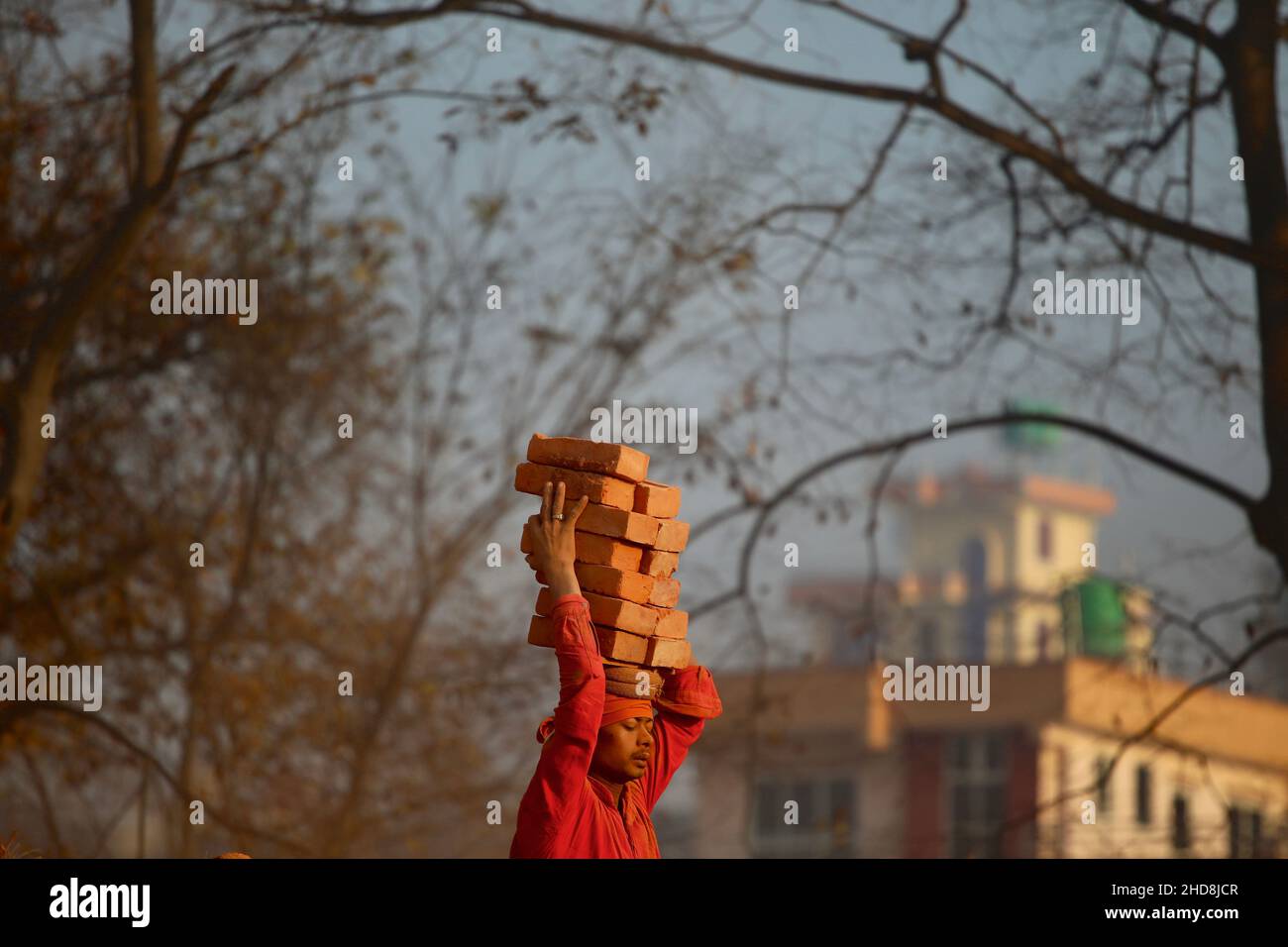 Workers carry bricks on their backs at a brick factory in Bhaktapur, on ...