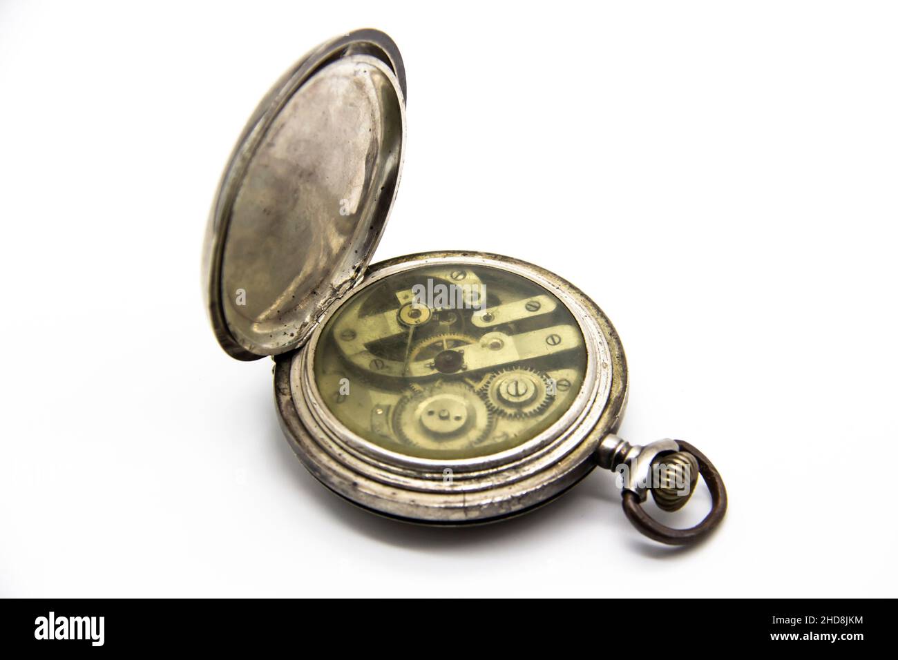 Vintage golden old pocket watch on white background. Old mechanism ...