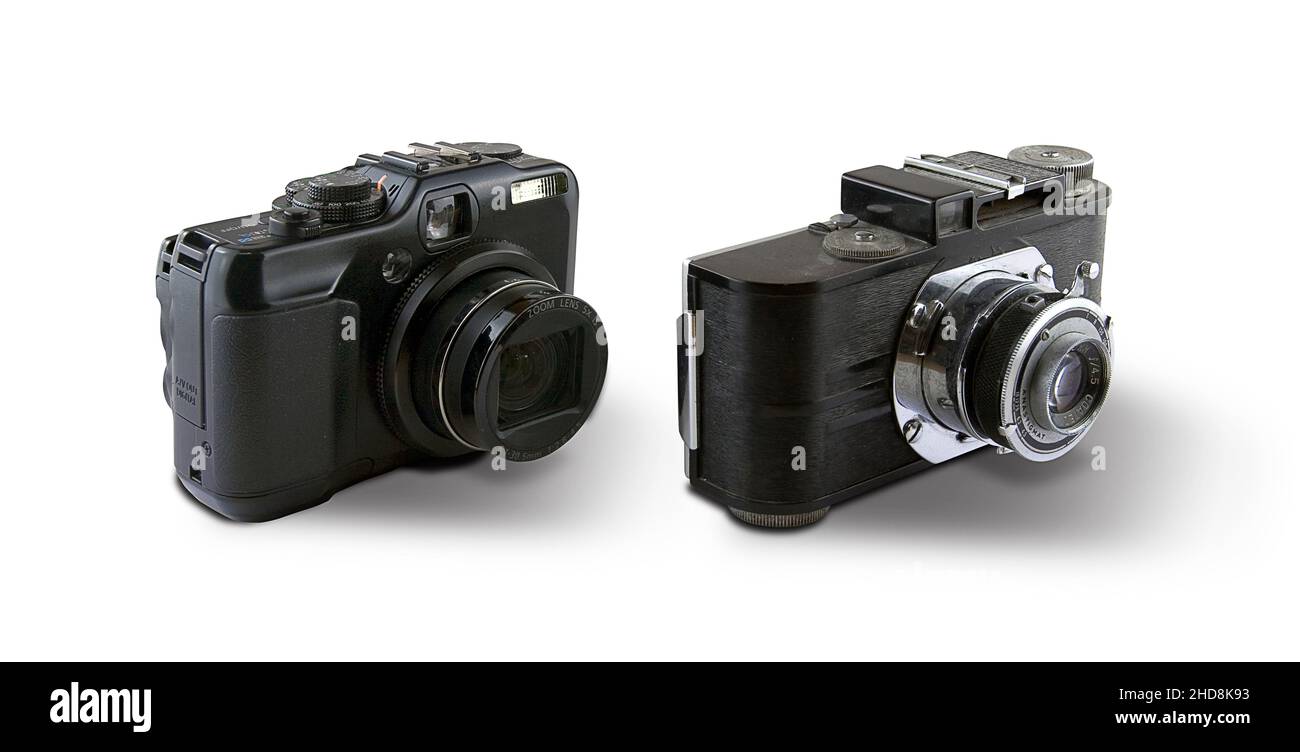 Two cameras - retro and modern isolated on white background Stock Photo ...