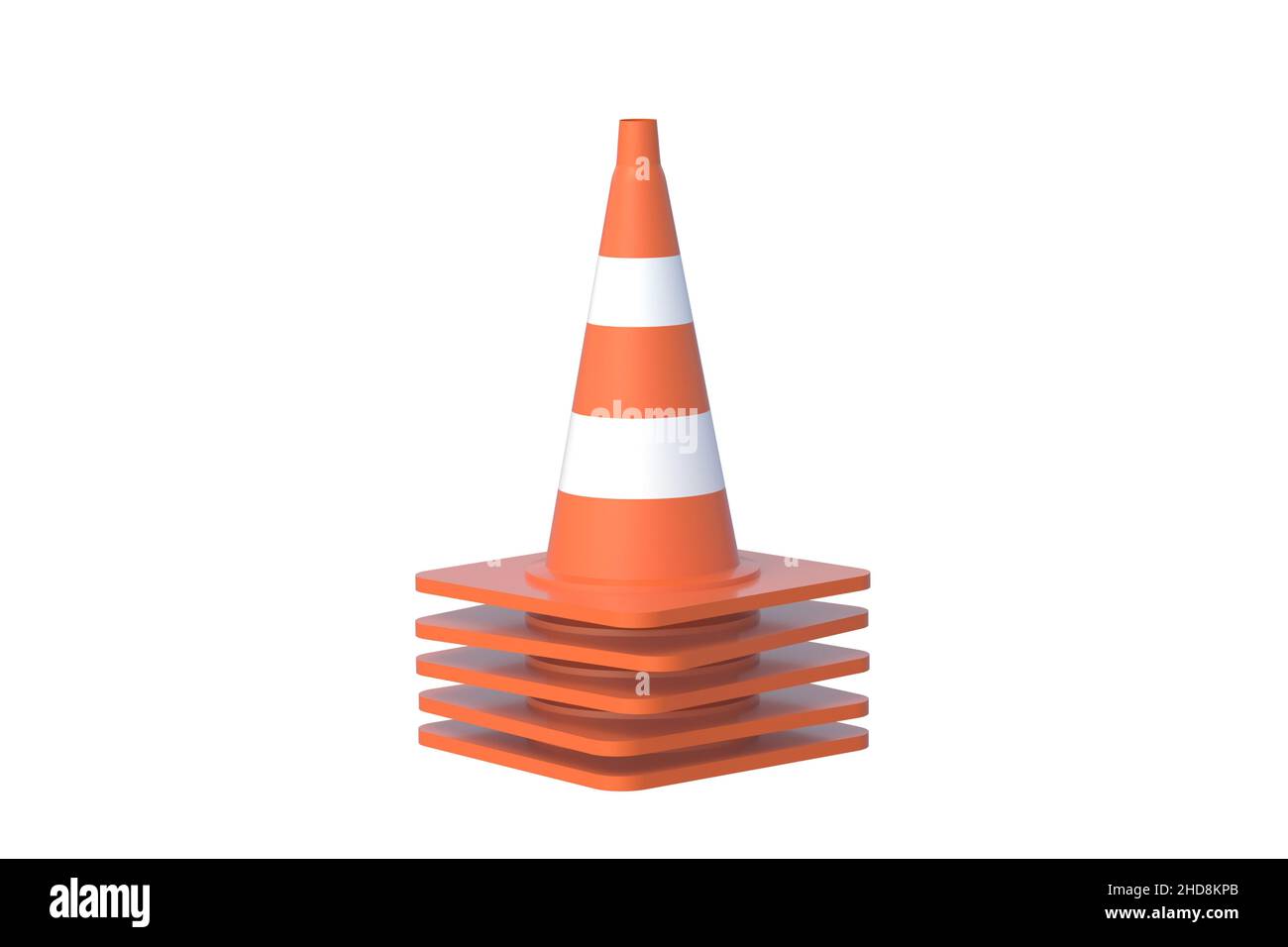 Heap of striped road cones, barriers isolated on white background. 3d ...
