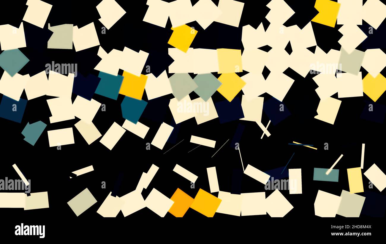 Pixel art, many squares of different colors turning and moving on black ...