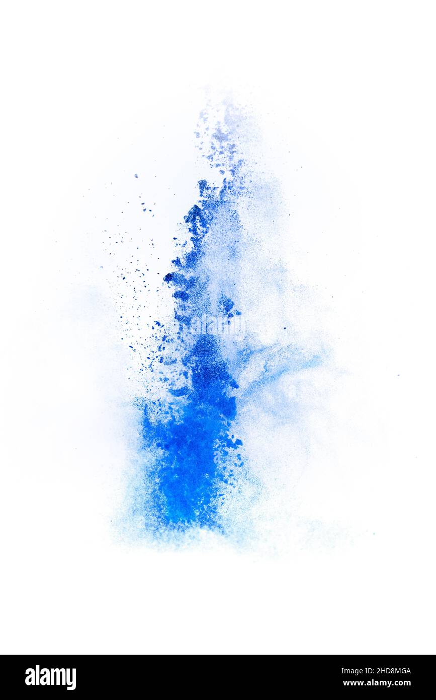 Explosion of blue, navy color, fluid and neoned powder on white studio ...