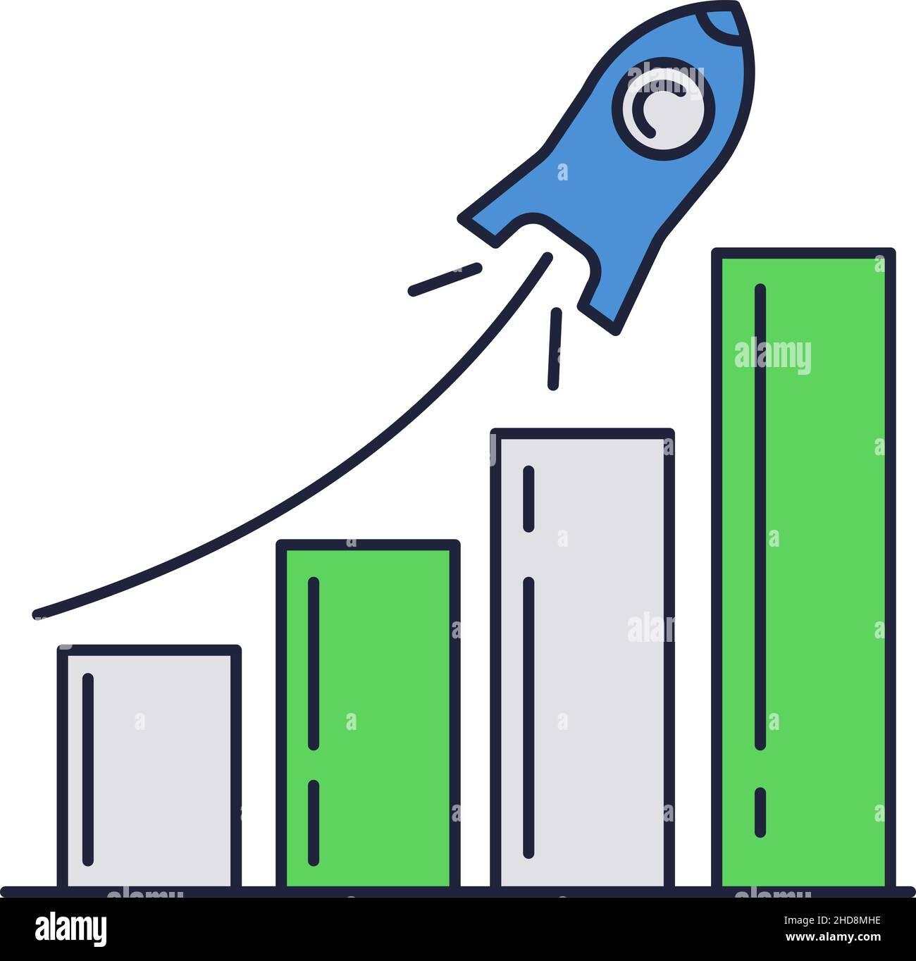 Startup success icon. Bar graph growth and rocket launch vector ...