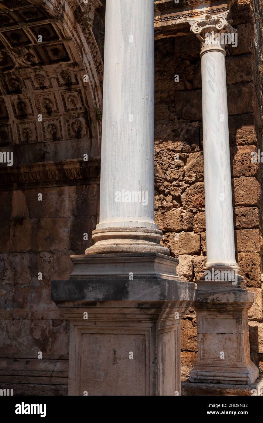 Antalya, turkey - 09. 01. 2021: two white restored Column of a famous ...