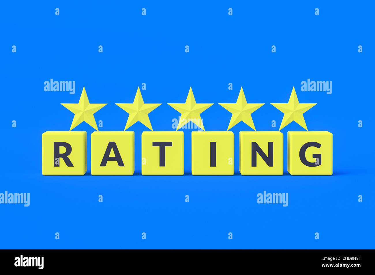 Cubes with word rating near five stars. Concept of rating. Quality of ...