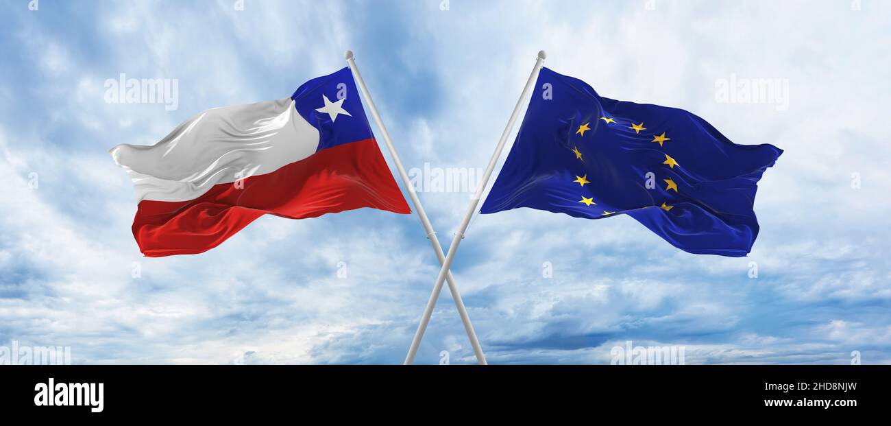 crossed national flags of Chile and The European Union flag waving in ...