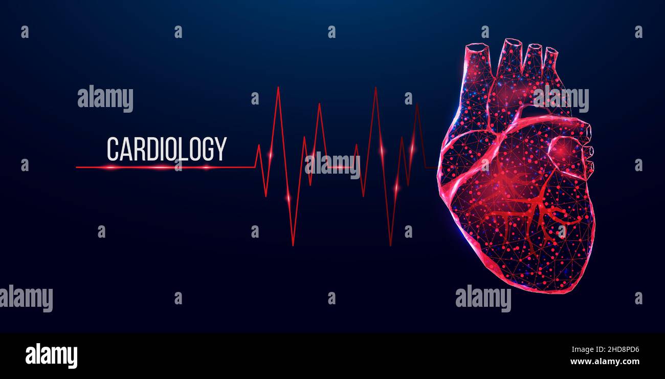 Cardiology concept banner. Wireframe low poly style red heart. Abstract ...