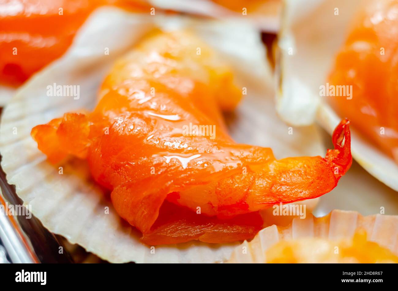 Warm water prawns wrapped in Scottish salmon cured with sea salt and ...