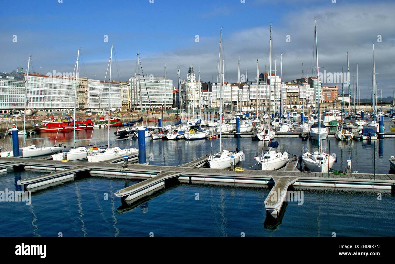Marina Coruna and typical buildings in Galicia, Spain Stock Photo - Alamy