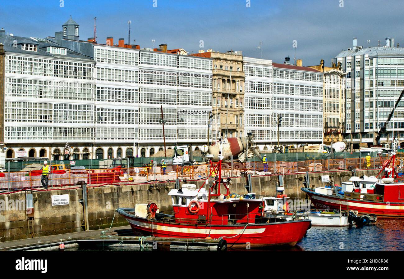 Marina Coruna and typical buildings in Galicia, Spain Stock Photo - Alamy